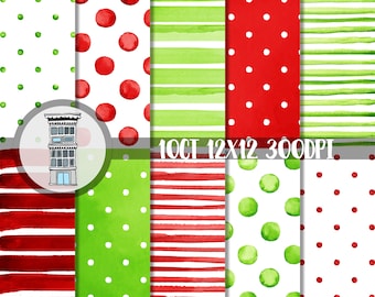 Christmas Watercolor Papers Bright RED & GREEN Digital Paper | Etsy