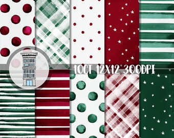 Christmas Watercolor Papers Bright RED & GREEN Digital Paper | Etsy