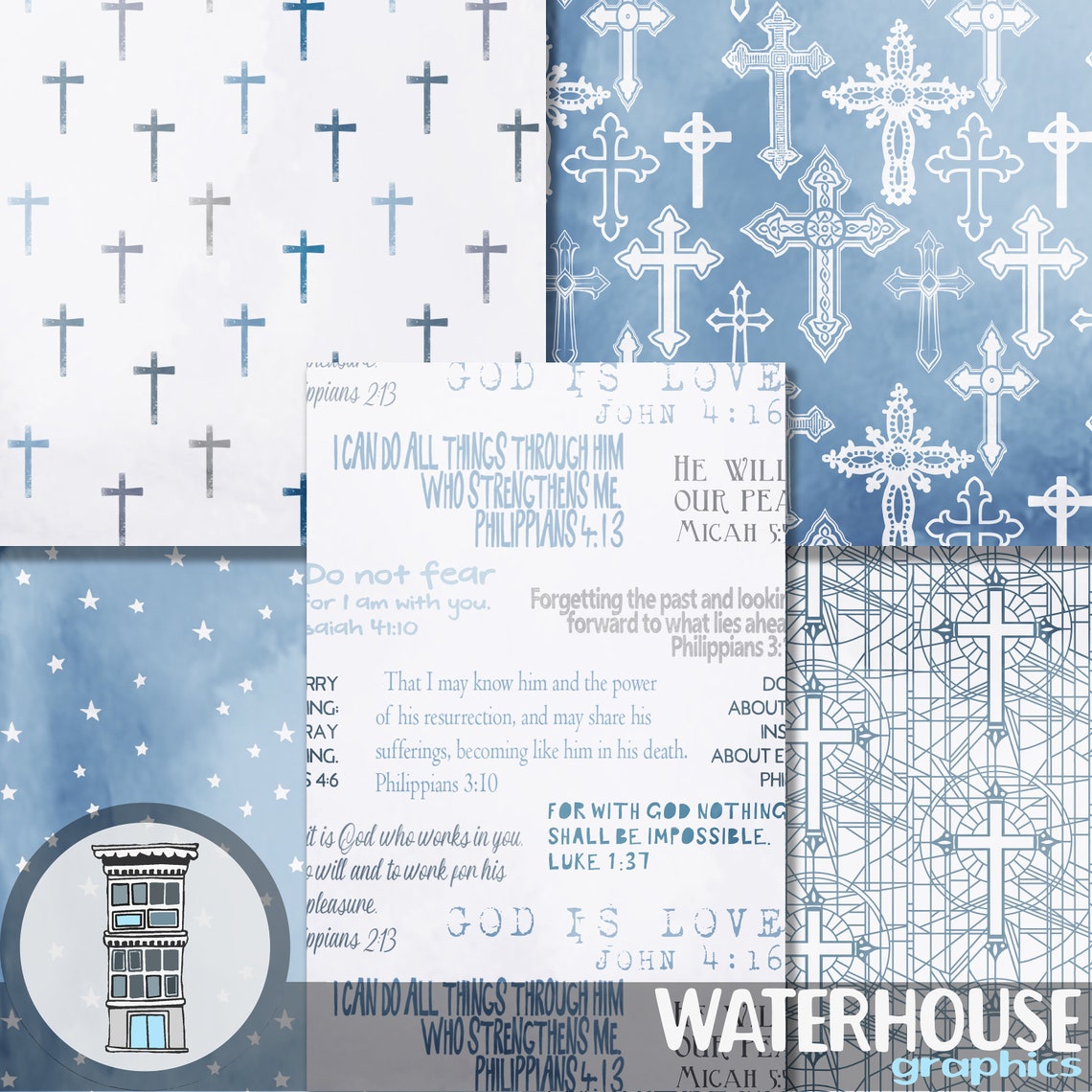 Religious BLUE Digital Paper Pack INSTANT DOWNLOAD Bible Watercolor ...