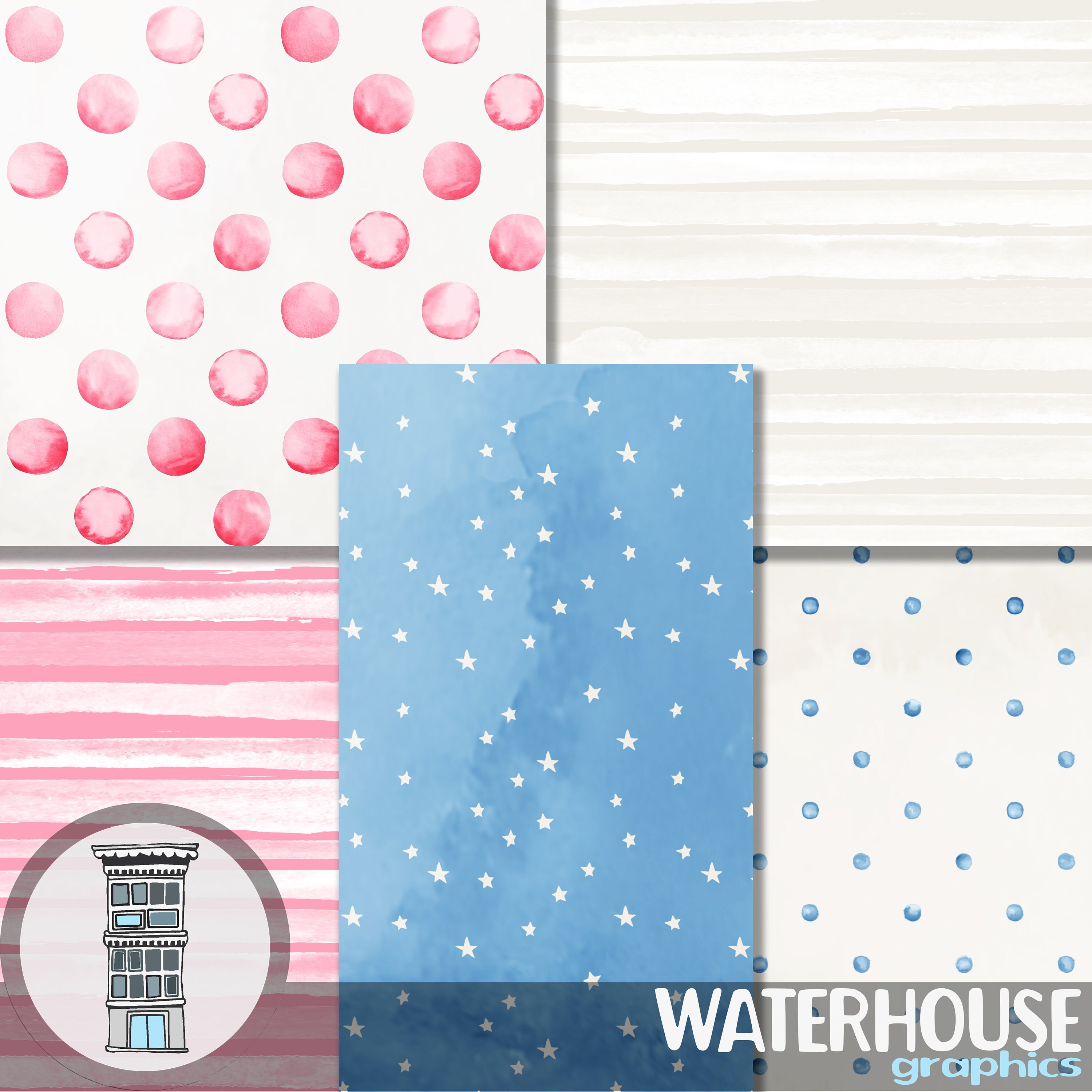 Watercolor Pink Blue Digital Paper Pack Instant Digital DOWNLOAD Gender ...