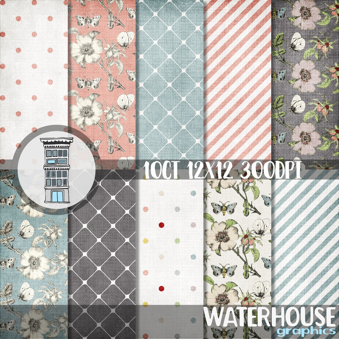Pink Vintage Digital Blue Cream Floral Paper Pack Antique Style Flowers ...