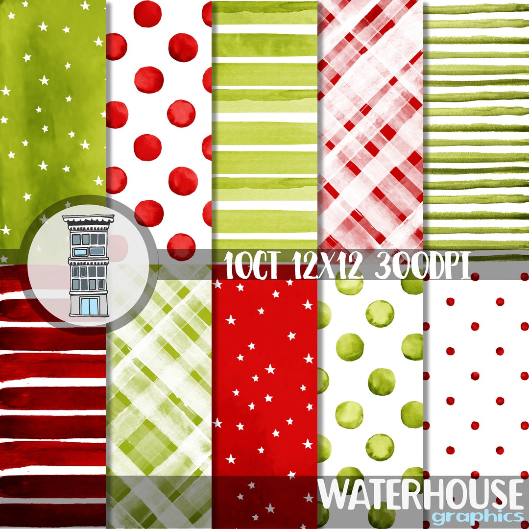 Christmas Watercolor Papers Bright RED & GREEN Digital Paper Pack ...