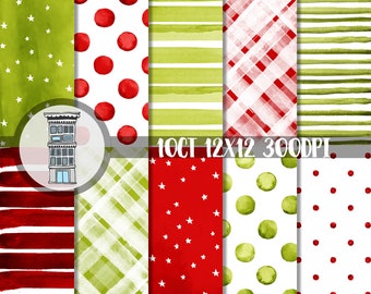 Christmas Watercolor Papers Bright RED & GREEN Digital Paper | Etsy