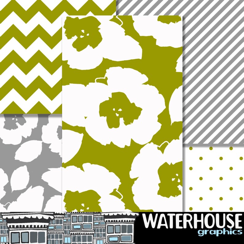 Digital Paper Pack INSTANT DIGITAL DOWNLOAD Chartreuse & Gray Floral ...