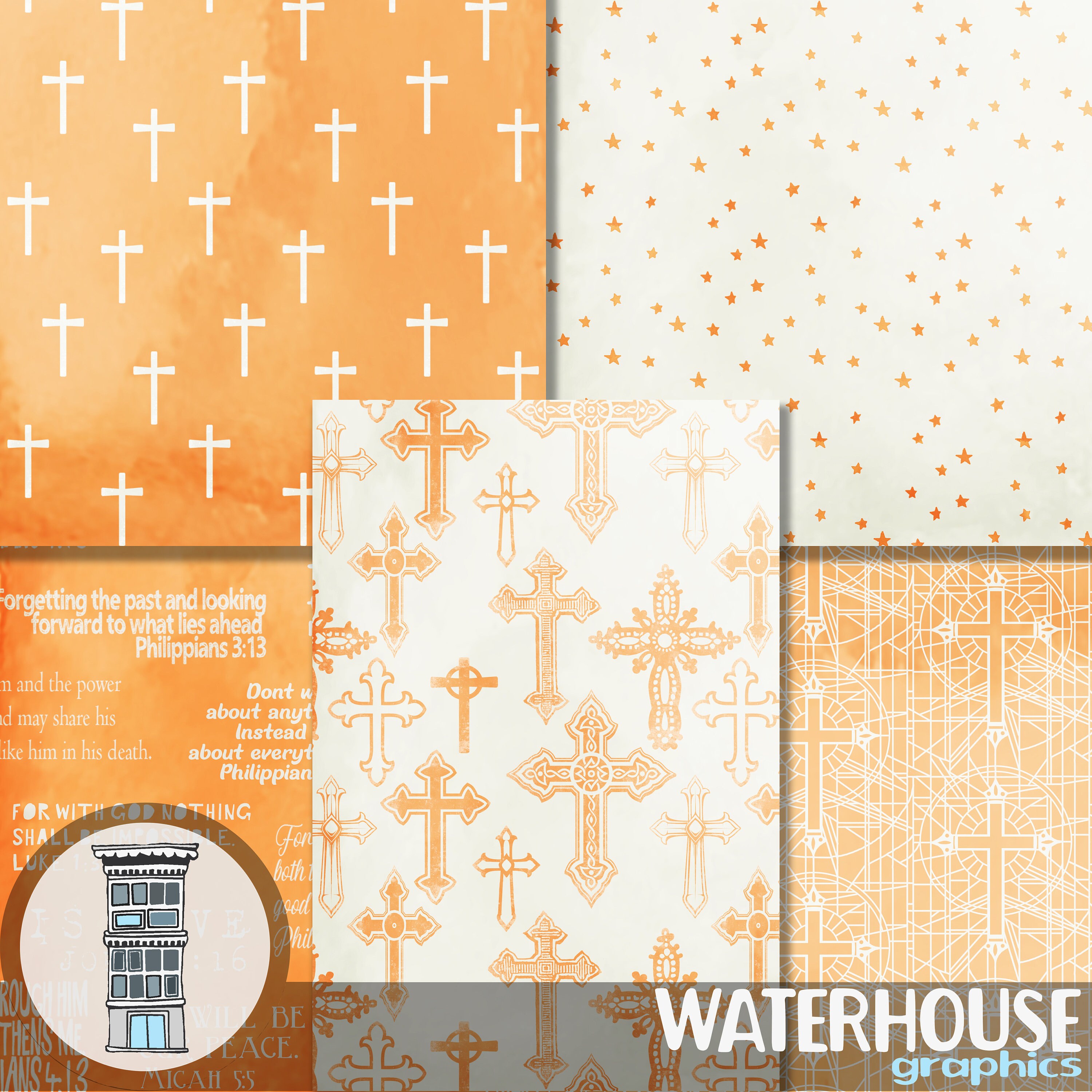 Religious ORANGE Digital Paper Pack INSTANT DOWNLOAD Bible Watercolor ...