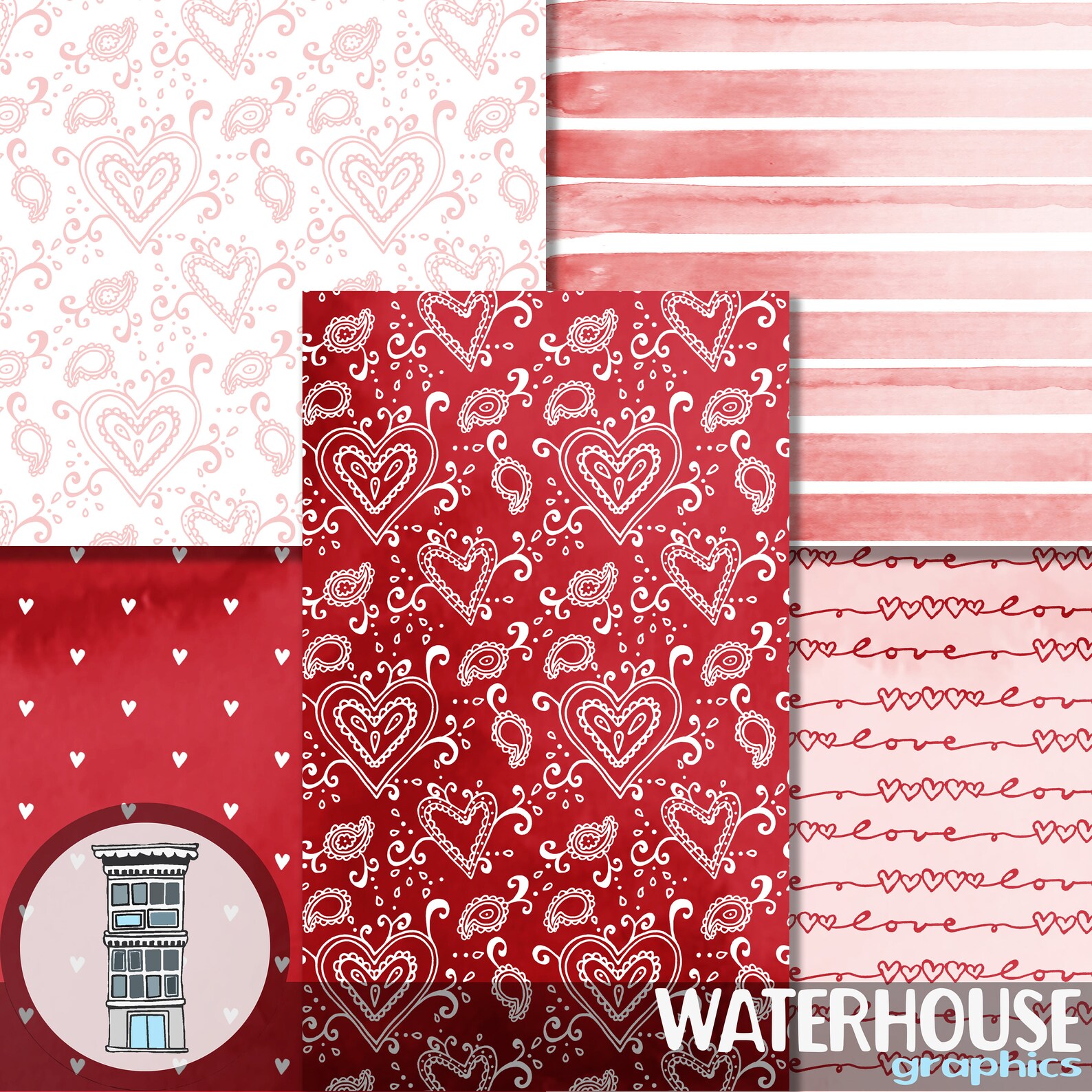 Valentine Watercolor Papers RED and PINK Stripes Hearts Love - Etsy