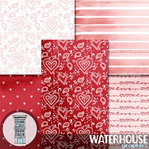 Valentine Watercolor Papers RED and PINK Stripes Hearts Love Digital ...