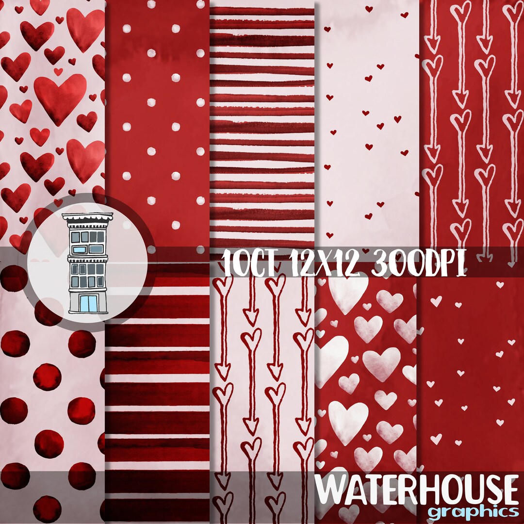Valentine Watercolor Papers RED and PINK Stripes Hearts Love Digital ...