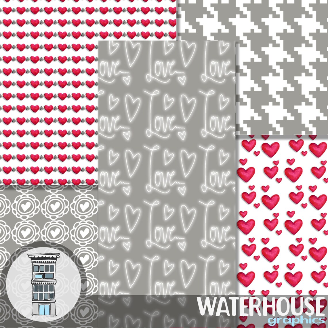 Digital Valentine Paper Pack INSTANT DOWNLOAD Gray, Red & Pink Hearts ...