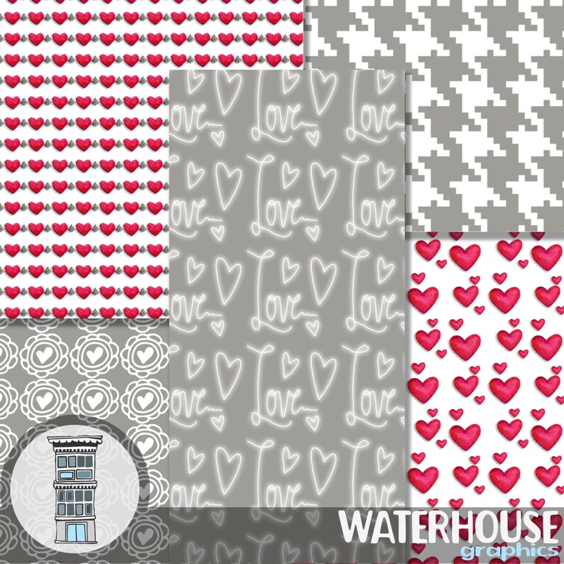 Digital Valentine Paper Pack INSTANT DOWNLOAD Gray, Red & Pink Hearts ...