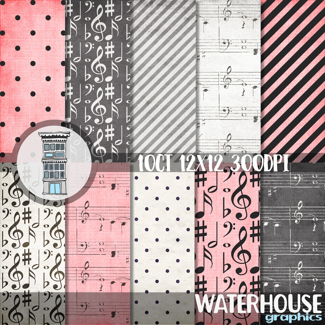 Musical DIGITAL PAPER PACK Antique Pink and Gray Distressed Music Notes ...
