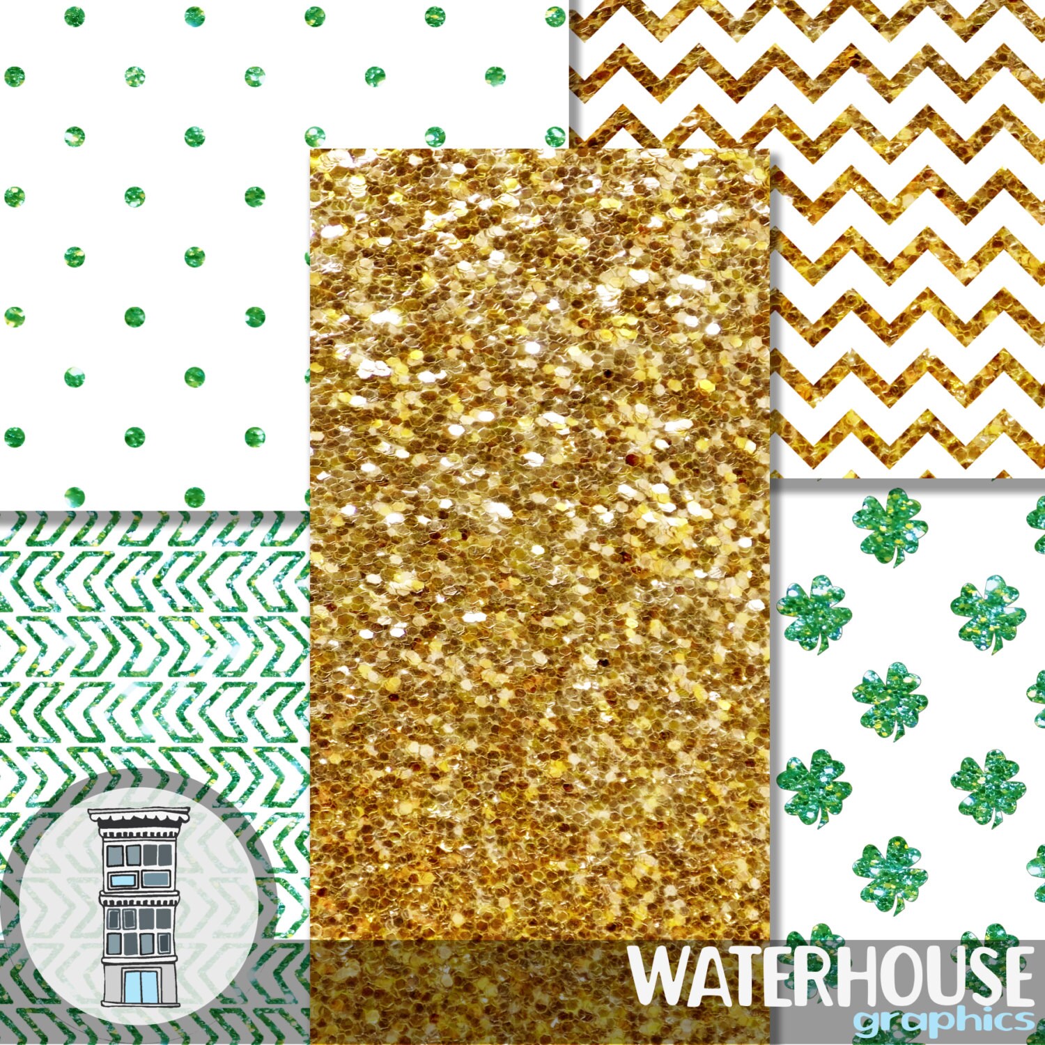 St Patricks Digital Paper Pack Gold Glitter Green Glitter Shamrock ...