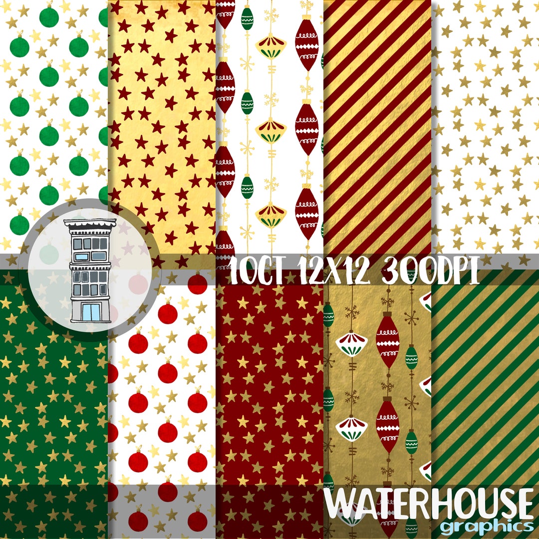 Christmas Gold Stars Red, Green GOLD Digital Paper Pack Stars Stripes ...