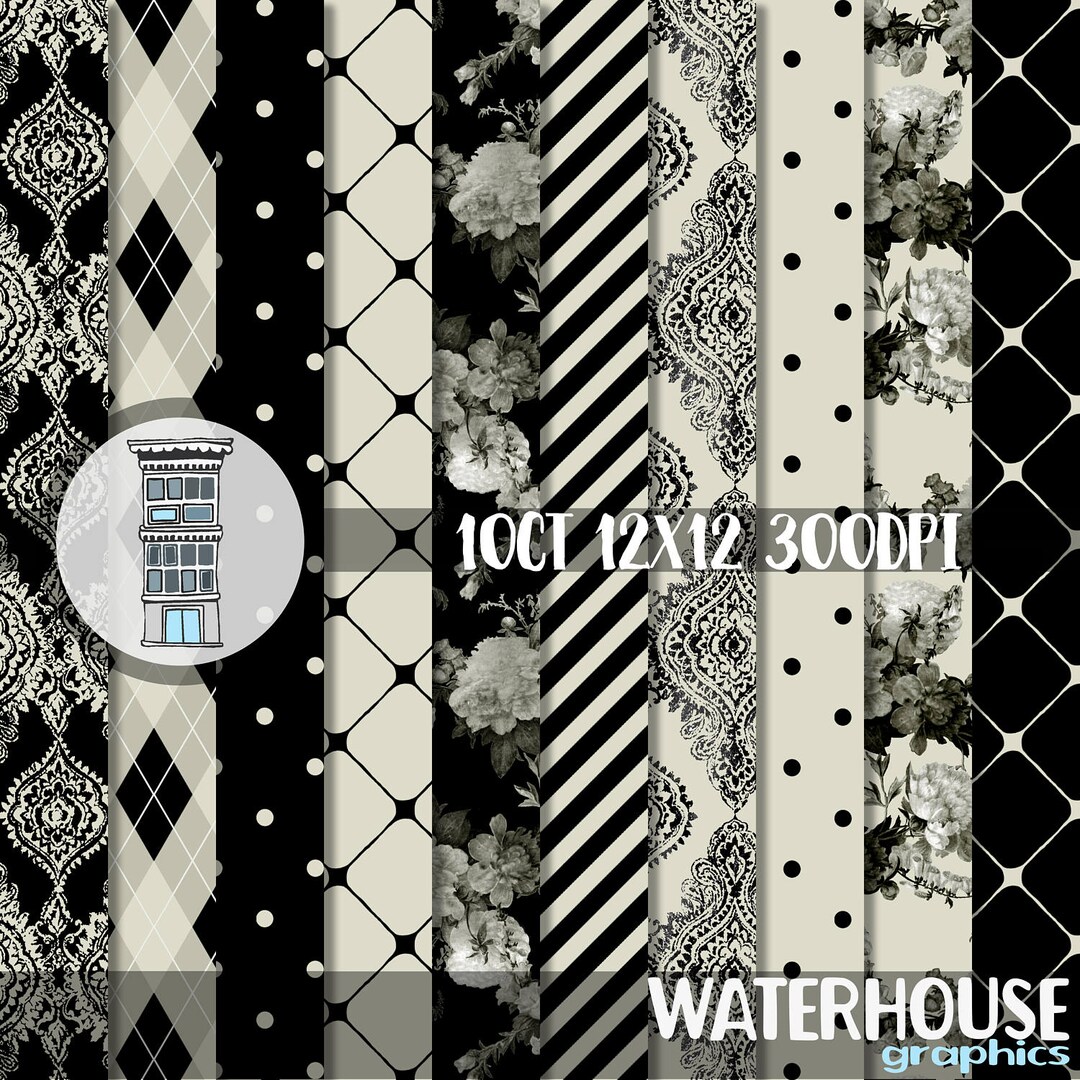Black Cream Digital PAPER PACK Instant Digital Download Vintage Floral ...