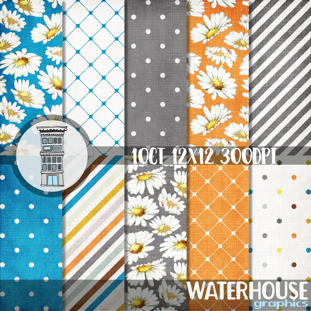 Daisy DIGITAL PAPER PACK Blue Orange Yellow Distressed Textures Instant ...