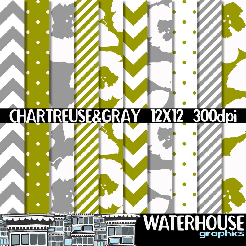 Digital Paper Pack INSTANT DIGITAL DOWNLOAD Chartreuse & Gray Floral ...