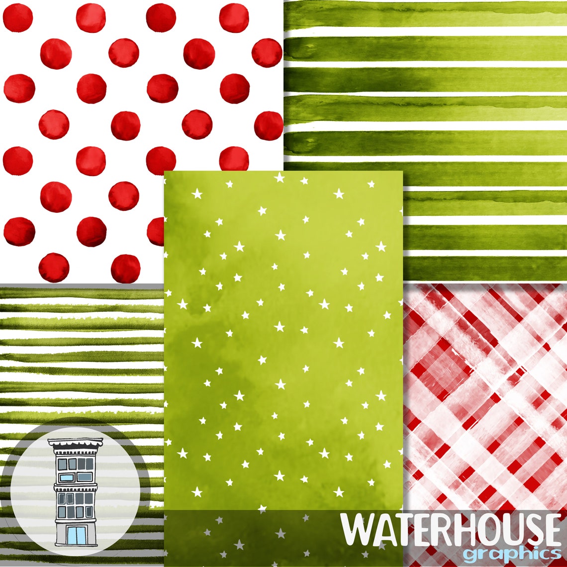 Christmas Watercolor Papers Bright RED & GREEN Digital Paper - Etsy