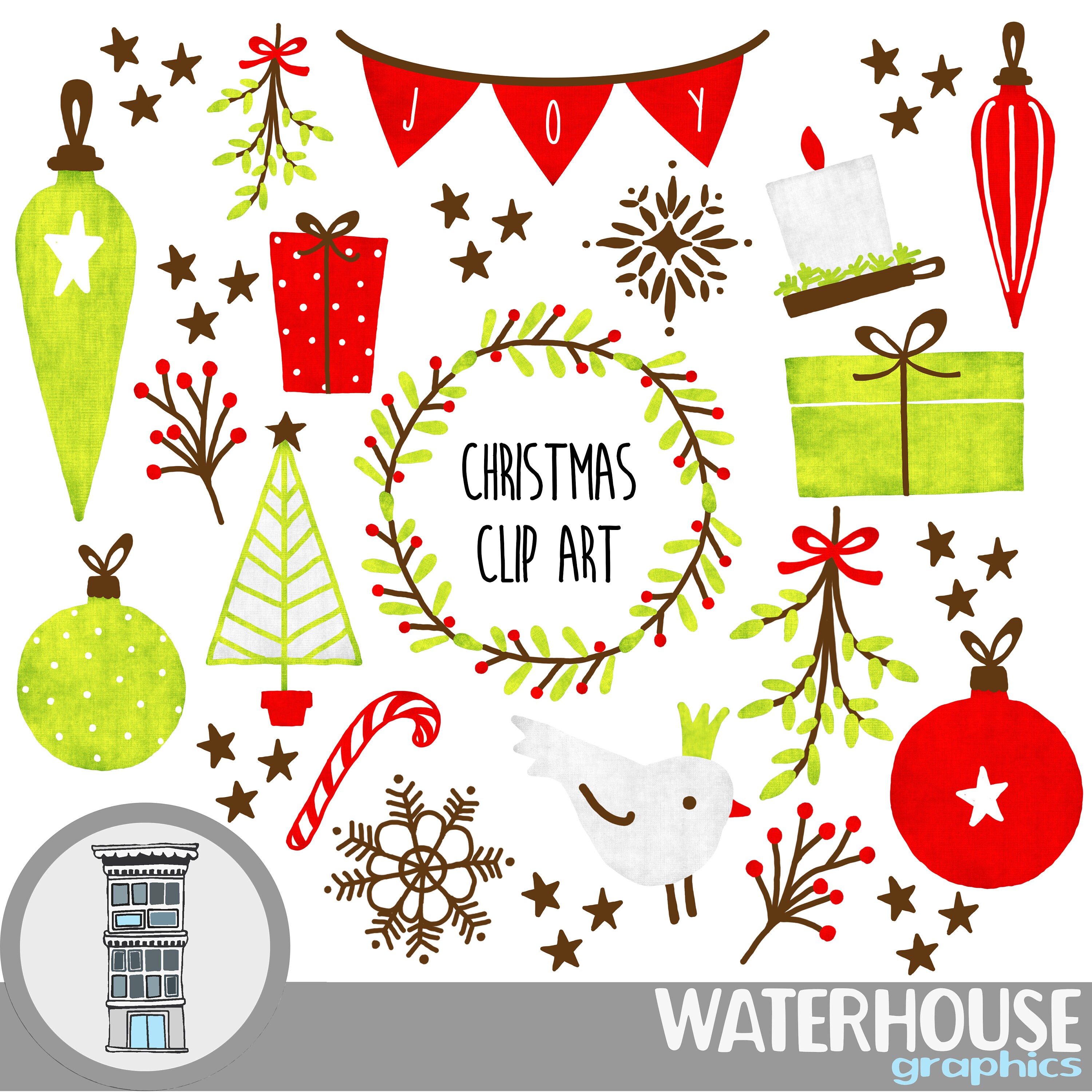 Christmas Digital Clipart Bright RED and Green Christmas | Etsy