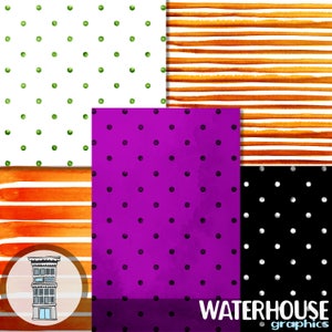 Halloween Watercolor Stripes Polka Dots Orange Purple GREEN Digital ...