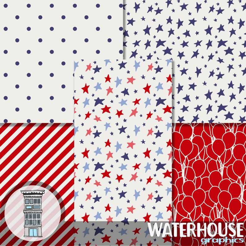 Fourth of July Stars & Stripes DIGITAL PAPER PACK Red White Navy Blue ...