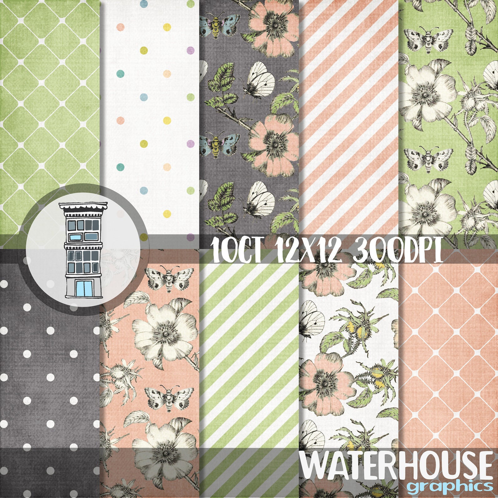 Digital Pea Green Pink Peach Floral Paper Pack Antique - Etsy