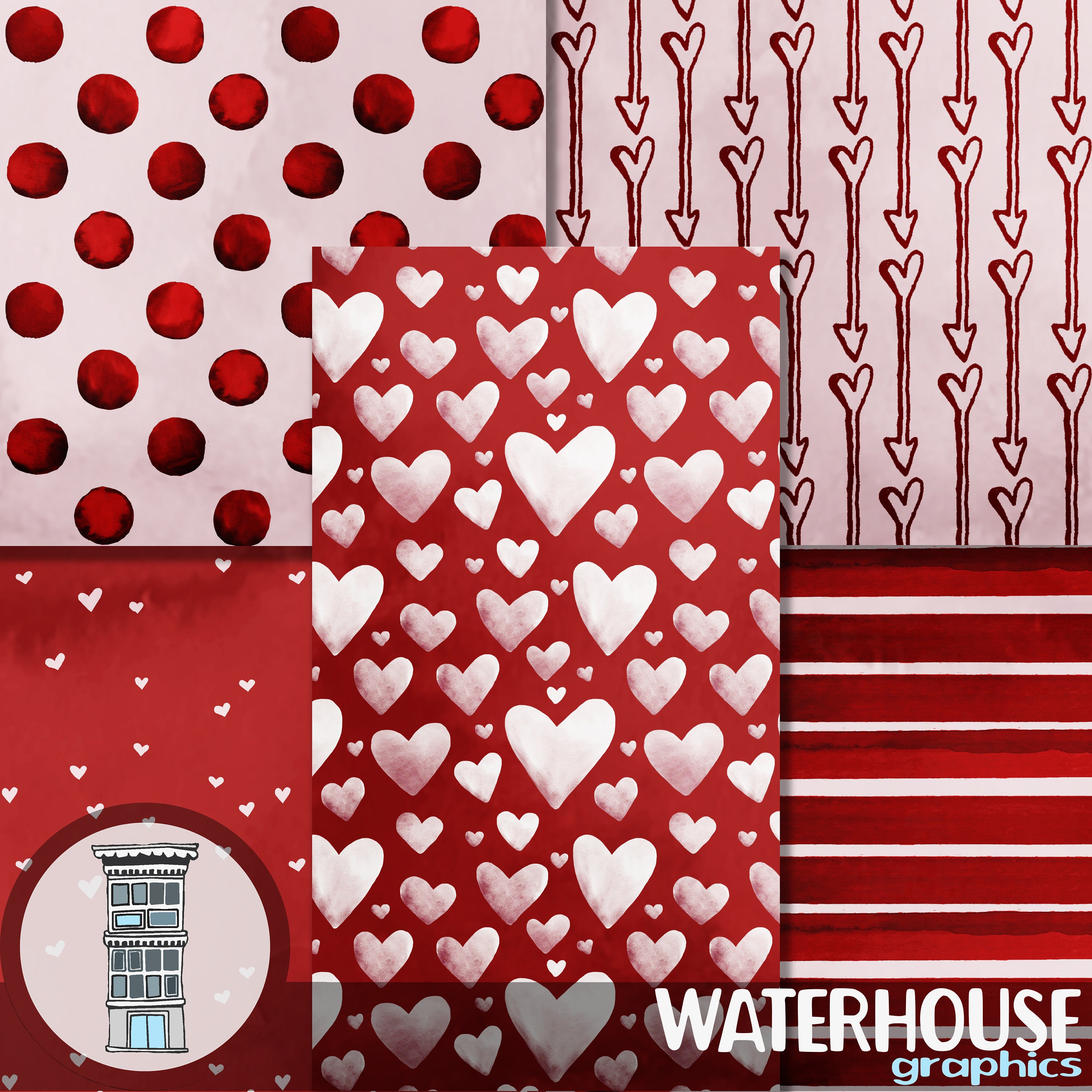 Valentine Watercolor Papers RED and PINK Stripes Hearts Love Digital ...