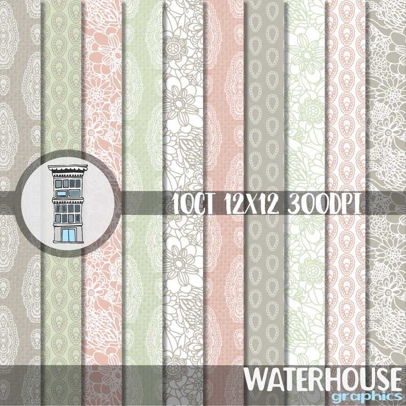 Digital Scrapbooking Floral Paper Pack INSTANT DOWNLOAD Pink Mint Taupe ...