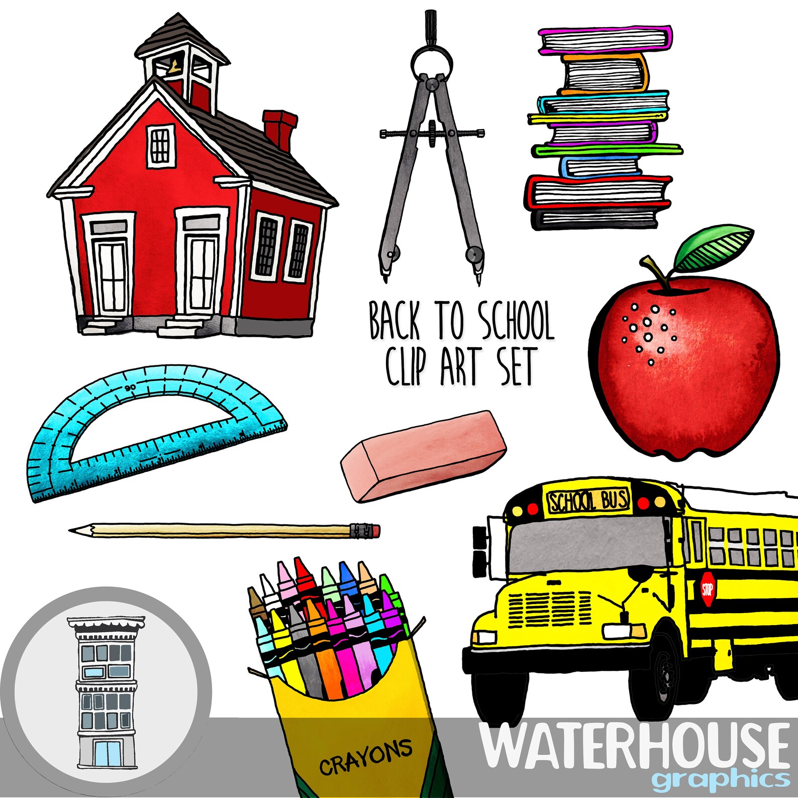 Back to School Digital Clip Art Set Schoolhouse School Bus - Etsy