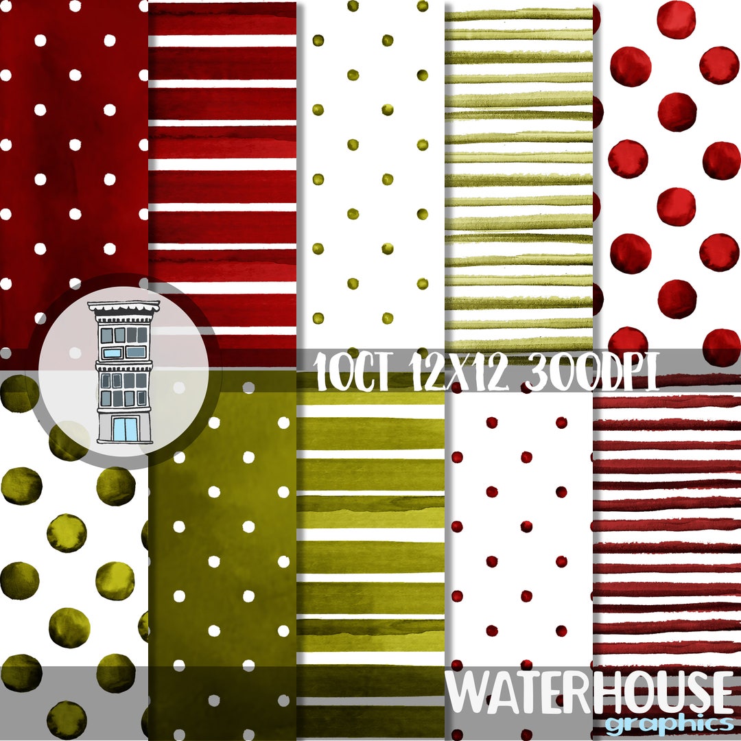 Christmas Watercolor Stripes Dark RED & Olive GREEN Digital Papers Pack ...