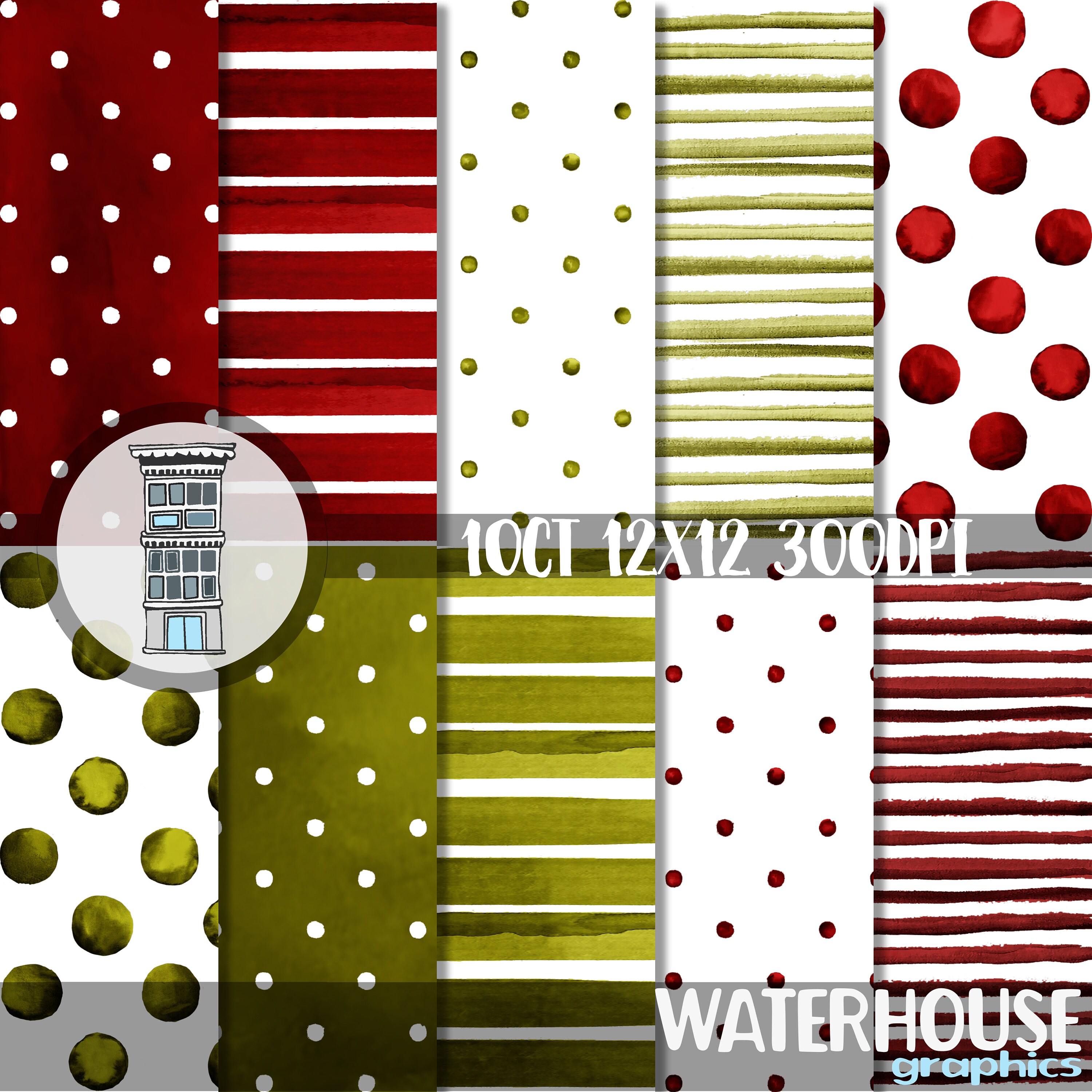 Christmas Watercolor Stripes Dark RED & olive GREEN Digital | Etsy