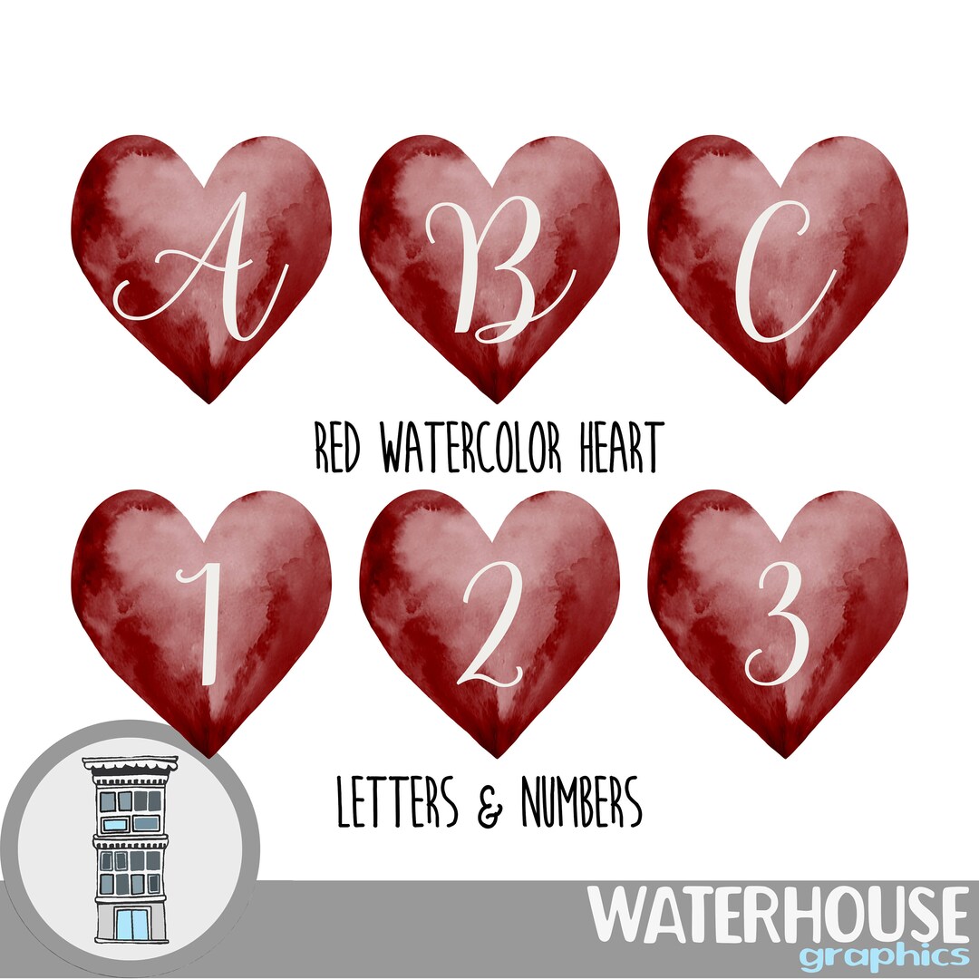 RED Watercolor Hearts Letters and Numbers Instant Digital Download ...