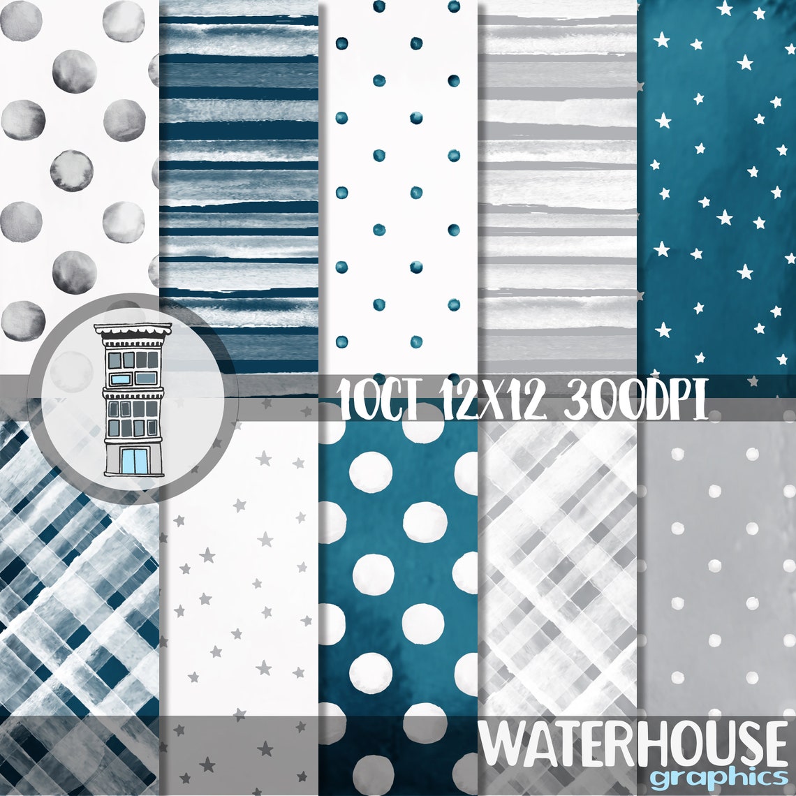 Watercolor BLUE GRAY Digital Paper Pack Instant Digital DOWNLOAD Blue ...