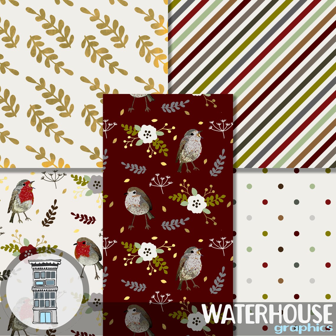 Christmas GOLD Digital Paper Pack Hand Drawn Birds Floral Patterns ...