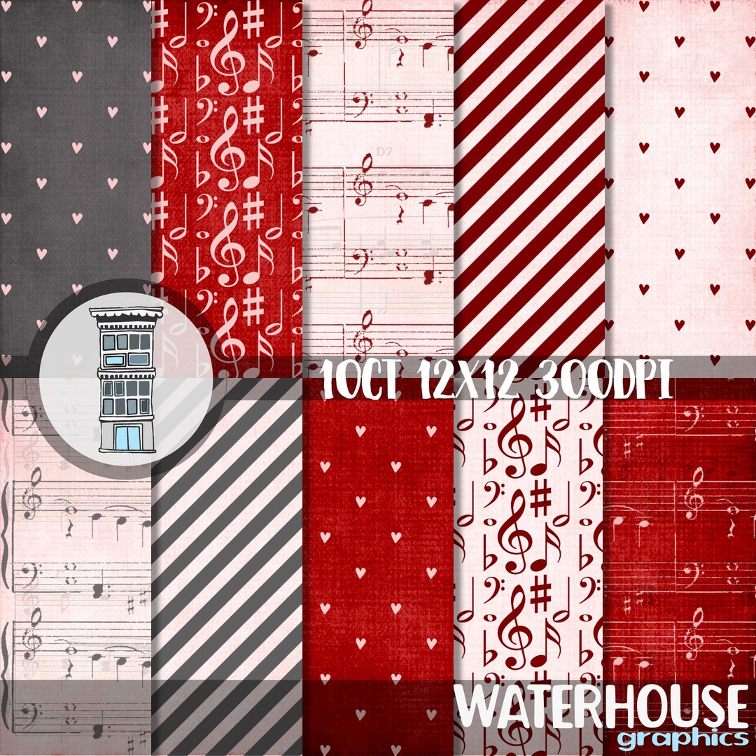 Musical DIGITAL PAPER PACK Valentines Red Pink Love Song Distressed ...