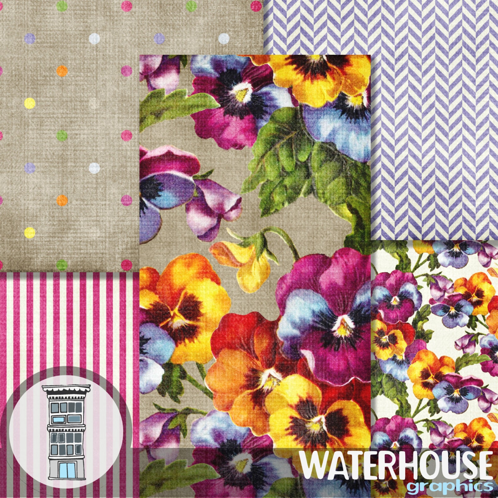 Vibrant Floral Paper Pack INSTANT DOWNLOAD Purple Yellow Pansy Patterns ...