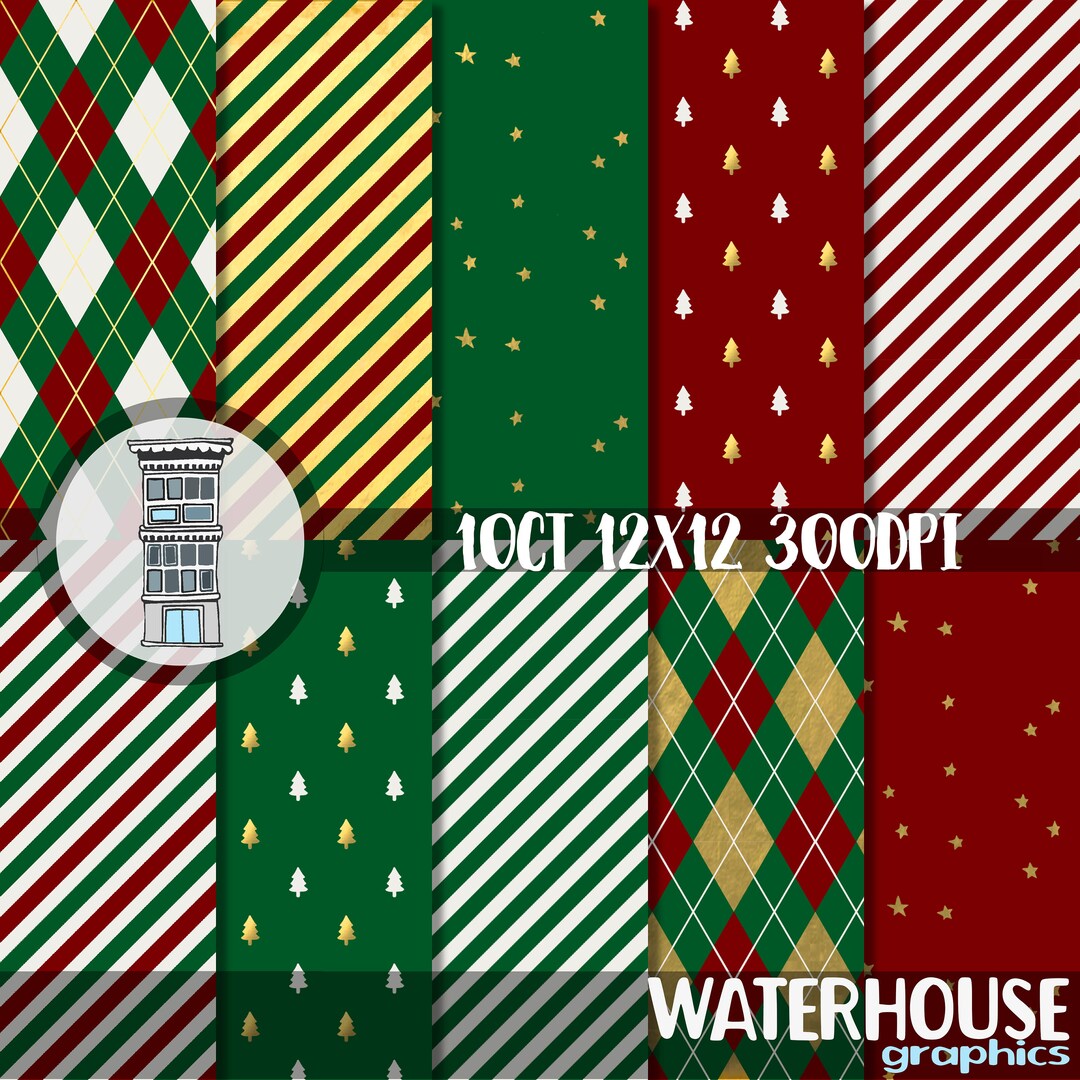 Christmas Red, Green and GOLD Digital Paper Pack Stars, Stripes ...