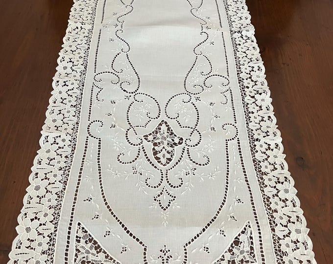 Antique Italian White Linen Table Runner Hand Embroidery Cut Work Point ...