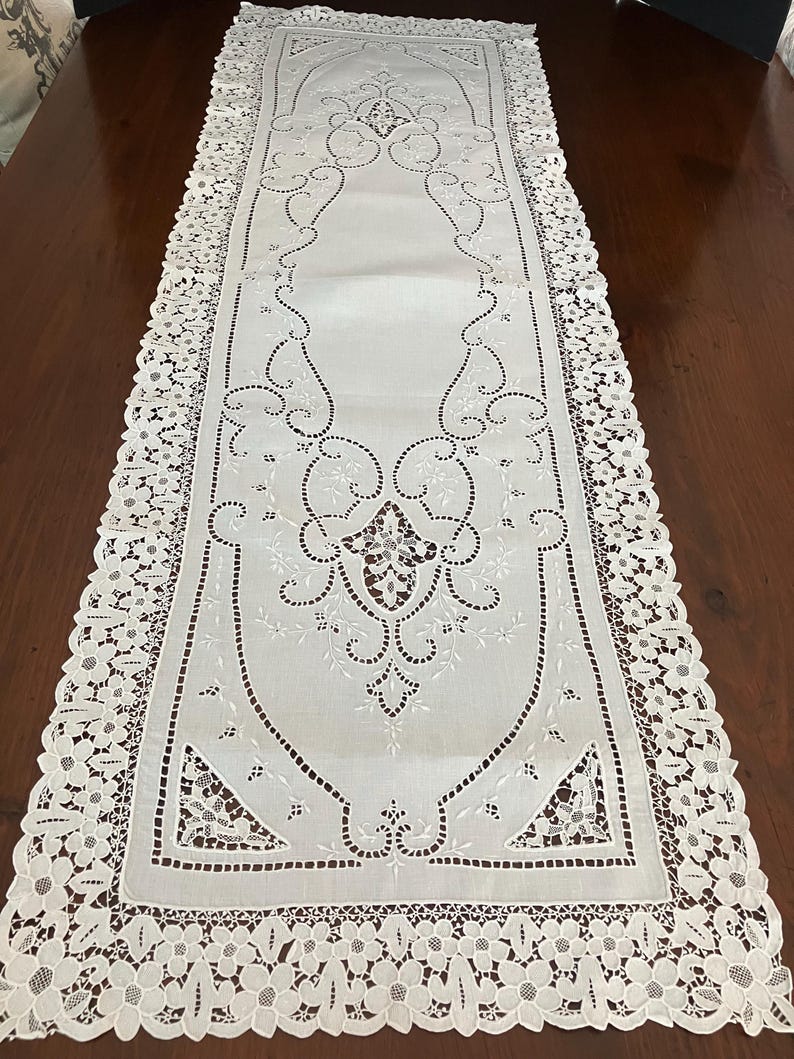 Antique Italian White Linen Table Runner Hand Embroidery Cut Work Point ...