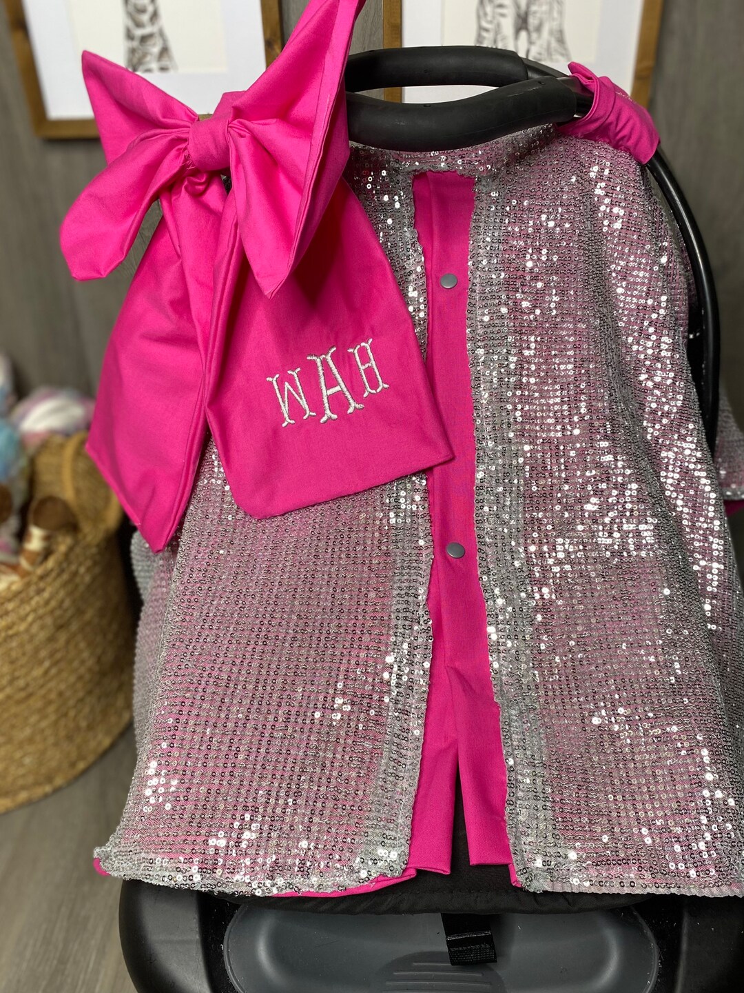 Silver Sequin Hot Pink Car Seat Canopy Personalized Baby Etsy