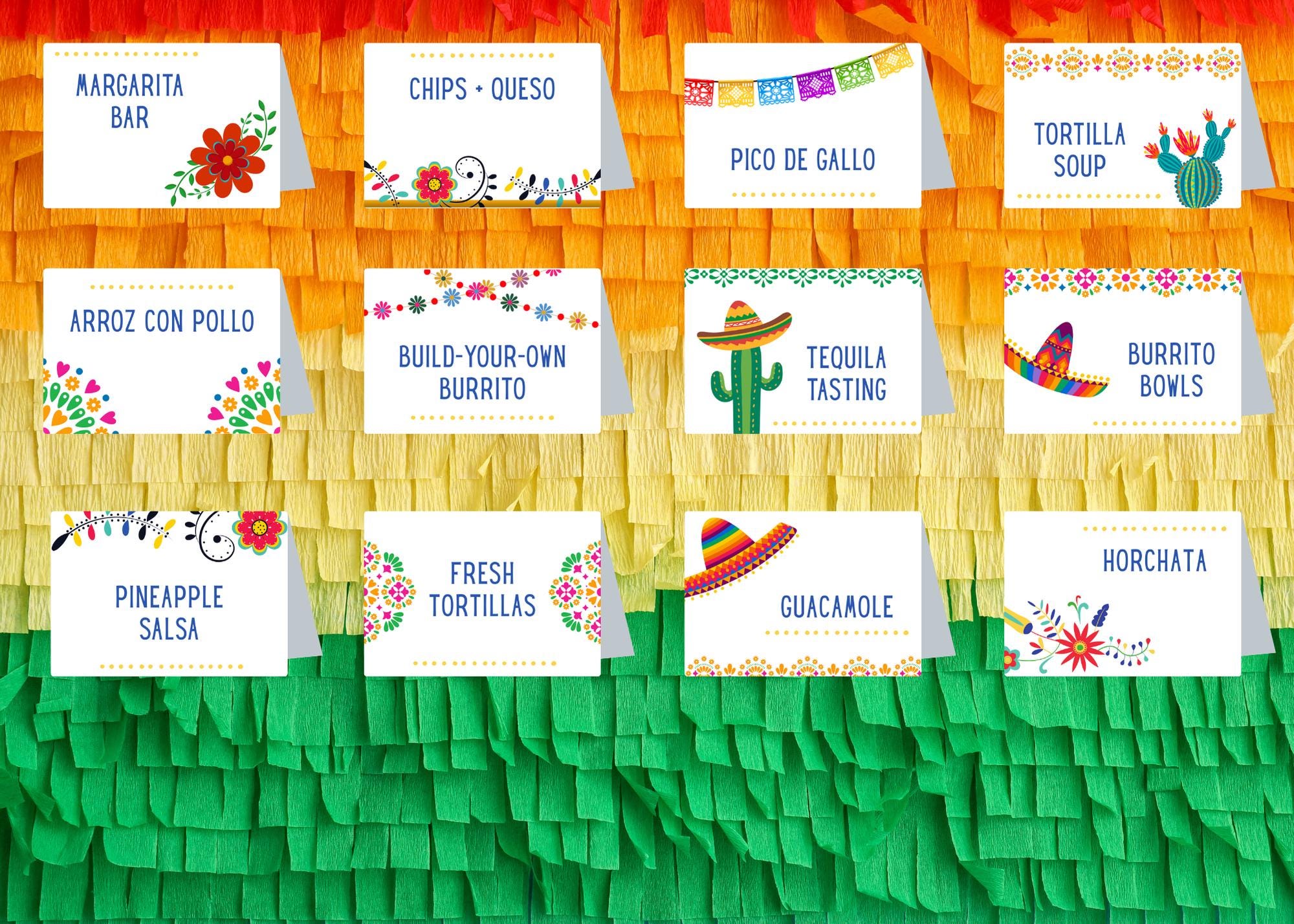 Food Label Cards - Place Card Holder - Fiesta - Mexican - Cinco De Mayo ...