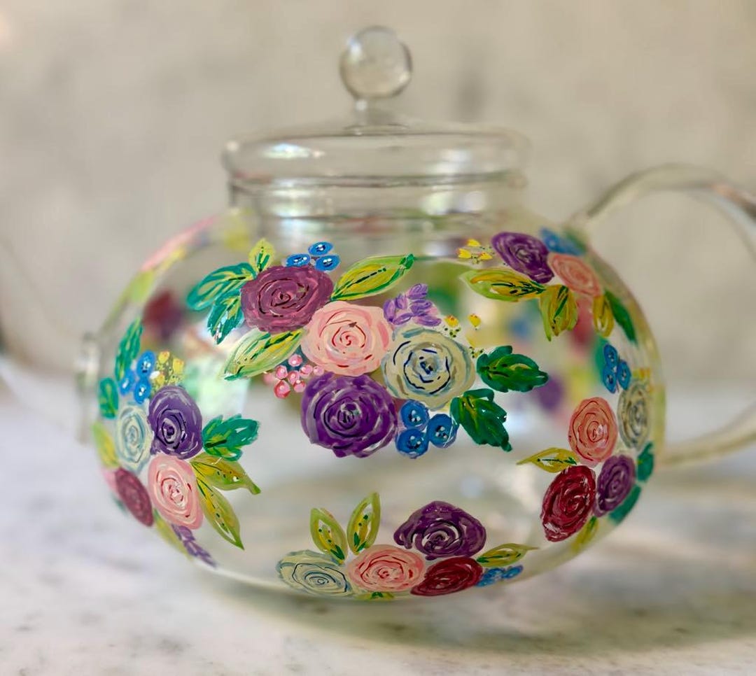 Hand Painted Floral Glass Teapot: Vintage Rose Design - Etsy