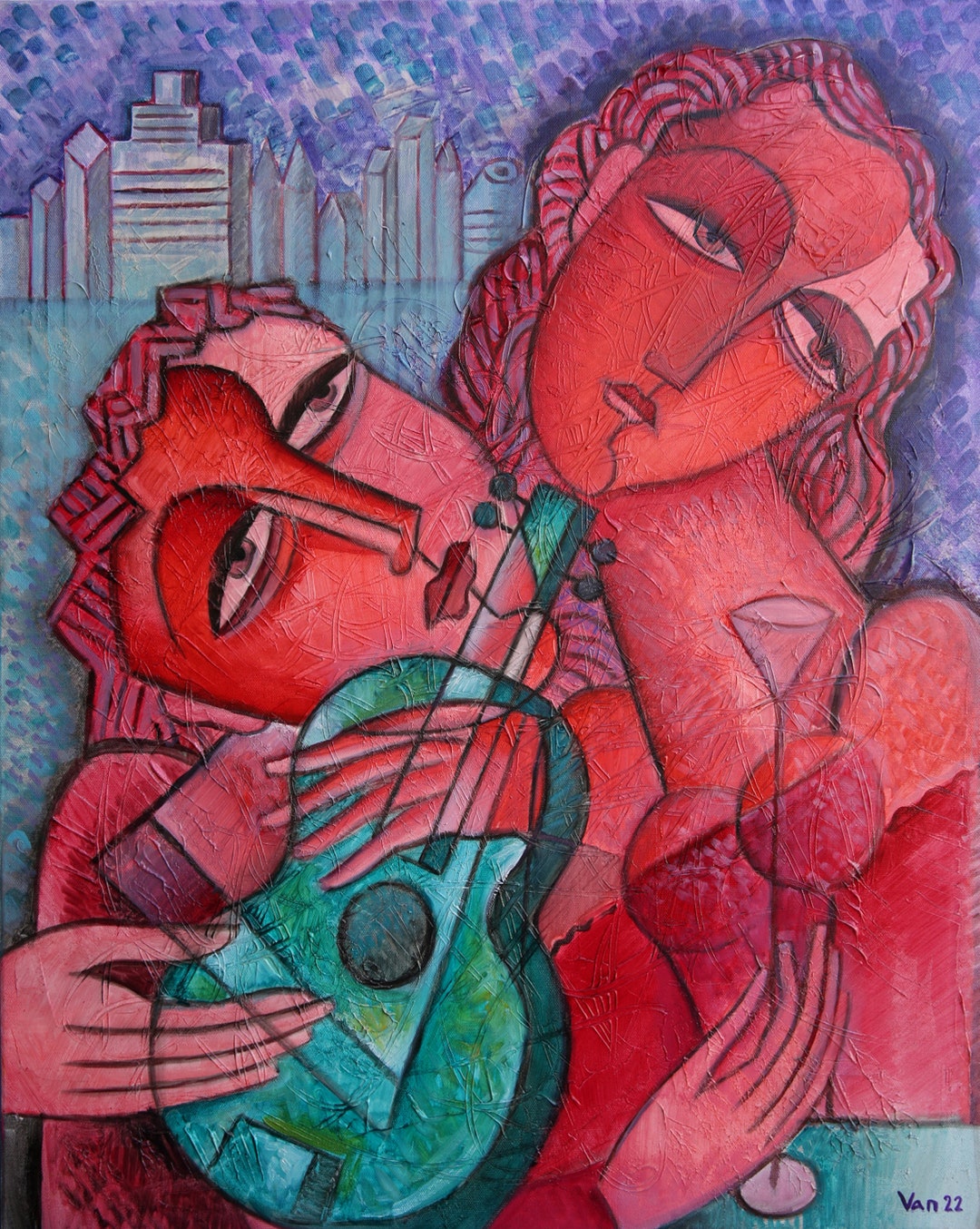 Cubist Lovers Print: Picasso Style Green Guitar Canvas (24x18 Inch) - Etsy