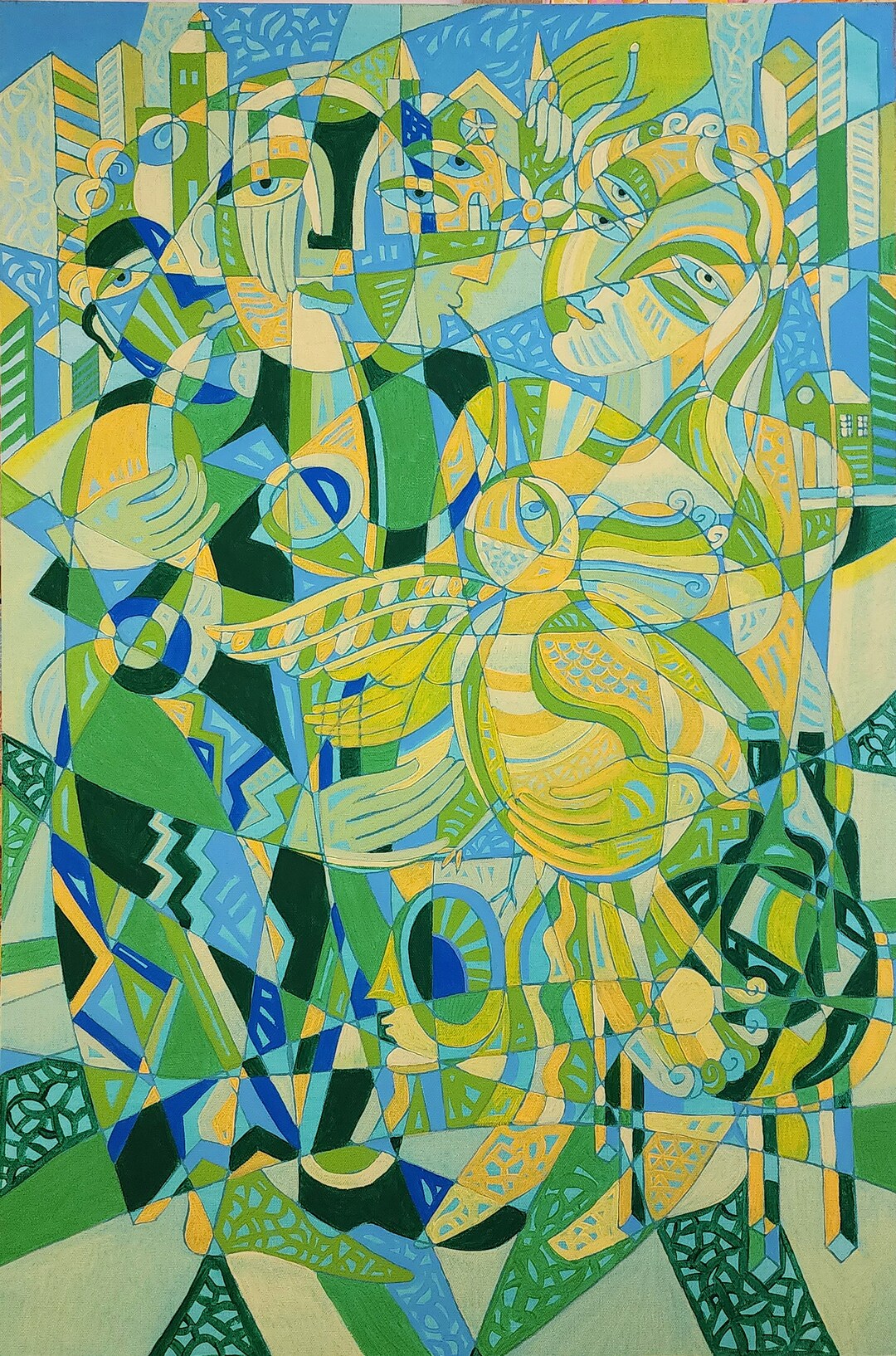 Large Print on Canvas, Cubism " Musical Duet With Whimsical Bird " 36 X ...
