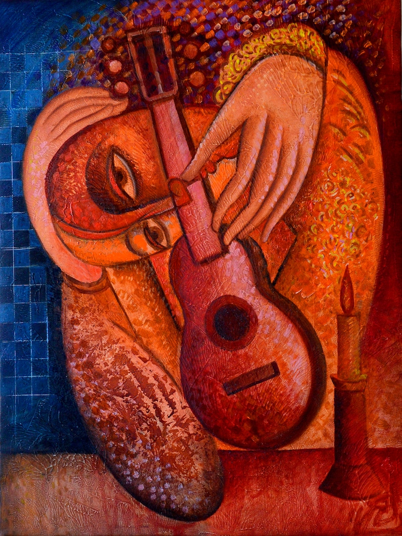 Cubist Guitar Painting.large Artwork.picasso Style .blue Red - Etsy