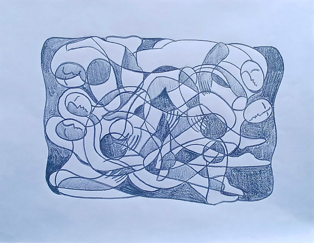 Cubist "lovers" Pencil Drawing: Original Colorful Wall Art (8.5x11 Inch ...