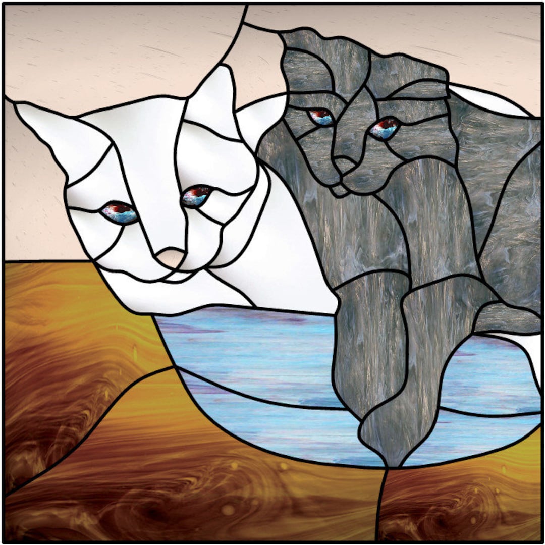 Stained Glass, Mosaic, or Quilt Pattern, Cats Share a Bed, Digital ...