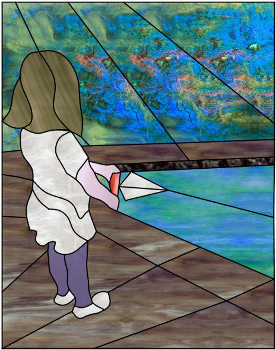 Stained Glass, Mosaic, or Quilt Pattern, Girl With Boat, Digital ...