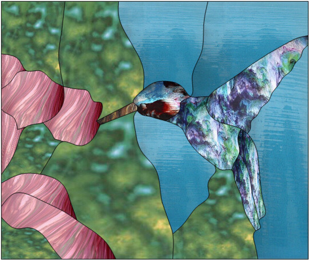 Stained Glass, Mosaic, or Quilt Pattern, Hummingbird With Pink Flowers ...