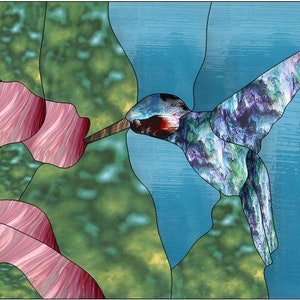 Stained Glass, Mosaic, or Quilt Pattern, Hummingbird With Pink Flowers ...