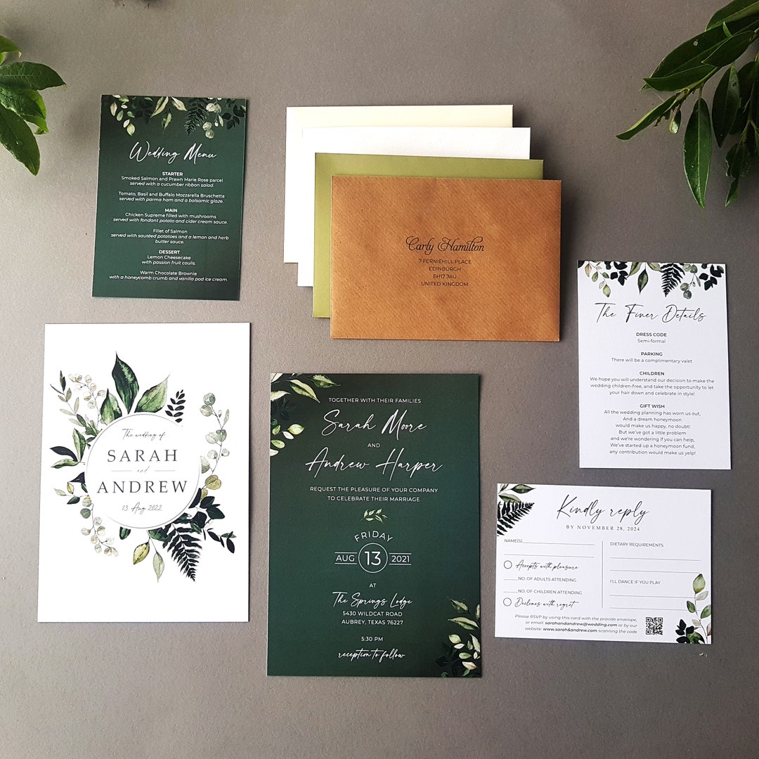 Greenery Wedding Invitation Set With Finer Details, Menu Choices, RSVP ...